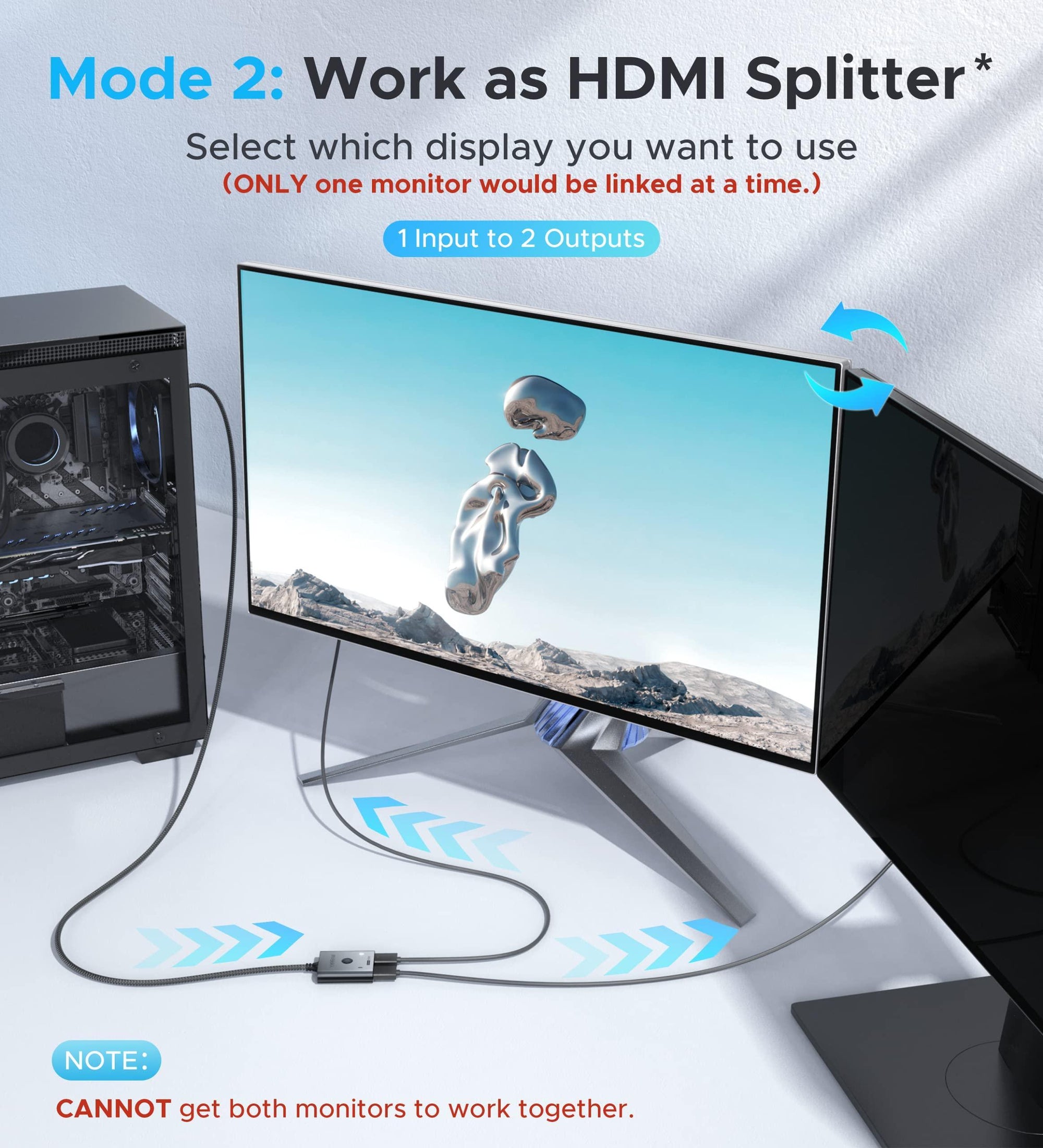 4K 60HZ HDMI Switch 2 in 1 out Bi-Directional 3.3ft Silver Gray | Blac