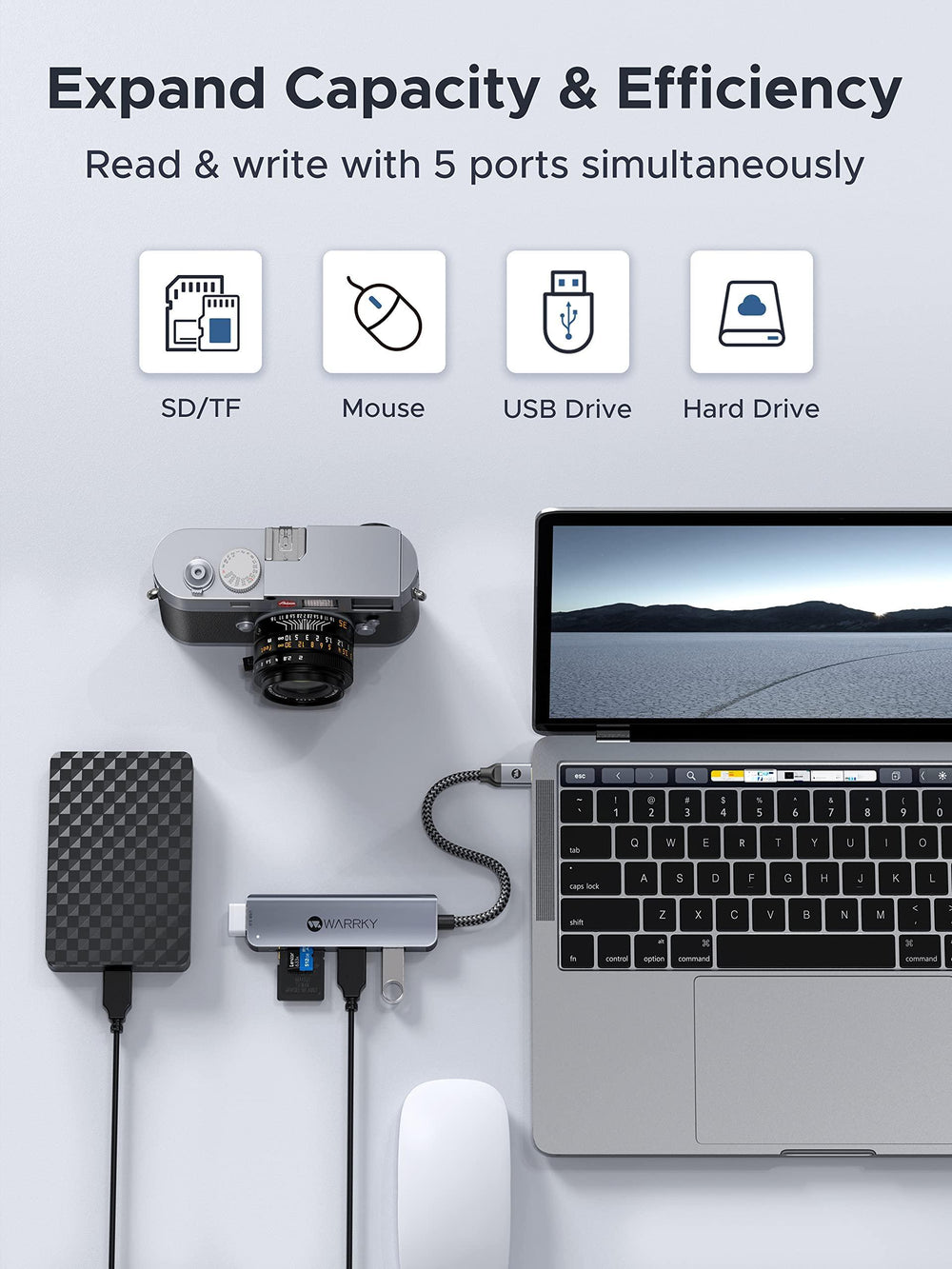 USB C Card Reader 5 in 1 0.6ft Silver Gray